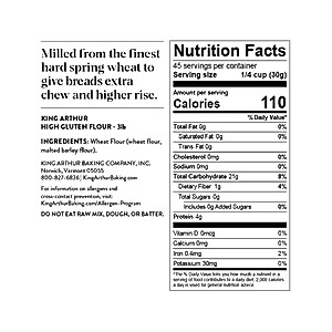 King Arthur High Gluten Flour, Contains Wheat Flour (wheat flour, malted barley flour) High Protein, 3 lb, White, 48 Ounces