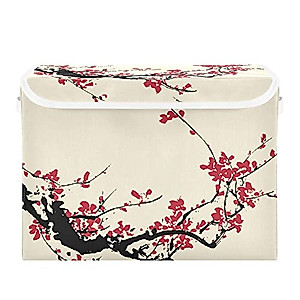 RunningBear Plum Blossom Large Storage Bins with Lid Collapsible Storage Bin Storage Basket Clothes Toys Bin for Shelves Closet Bookshelf