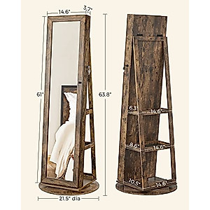 SONGMICS 360° Swivel Jewelry Cabinet, Lockable Jewelry Organizer with Full-Length Mirror, Rear Storage Shelves, Built-in Small Mirror, Jewelry Armoire, for Women, Rustic Brown UJJC006X01