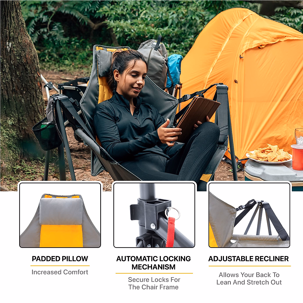 Stream Design Portable Swing Hammock Chair | Foldable Recliner Rocking Lounger with Headrest and Drink Holder | For Outdoor & Sports, Beach, Lawn, Hunting, Tailgating, Fishing | Supports 300 Lbs