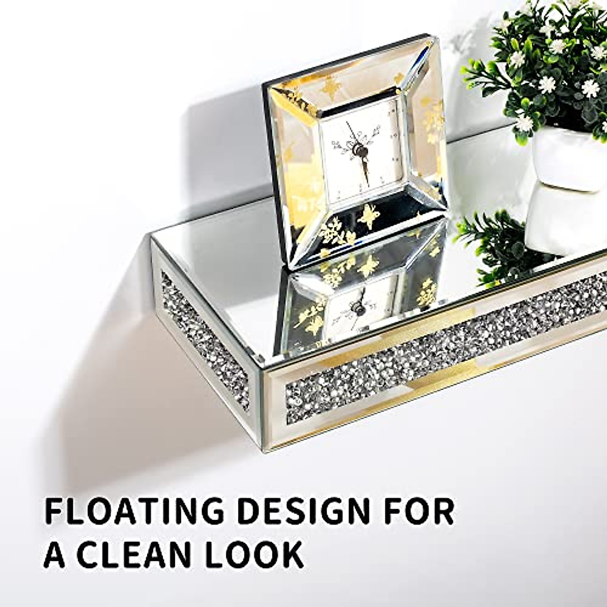 SHYFOY Mirrored Floating Wall Shelf with Crystal Crushed Diamond Inlay, Decorative Wall Mounted Shelf for Bedroom/Bathroom/Living Room, Luxury Display Ledge of Trophy and Photo Frame