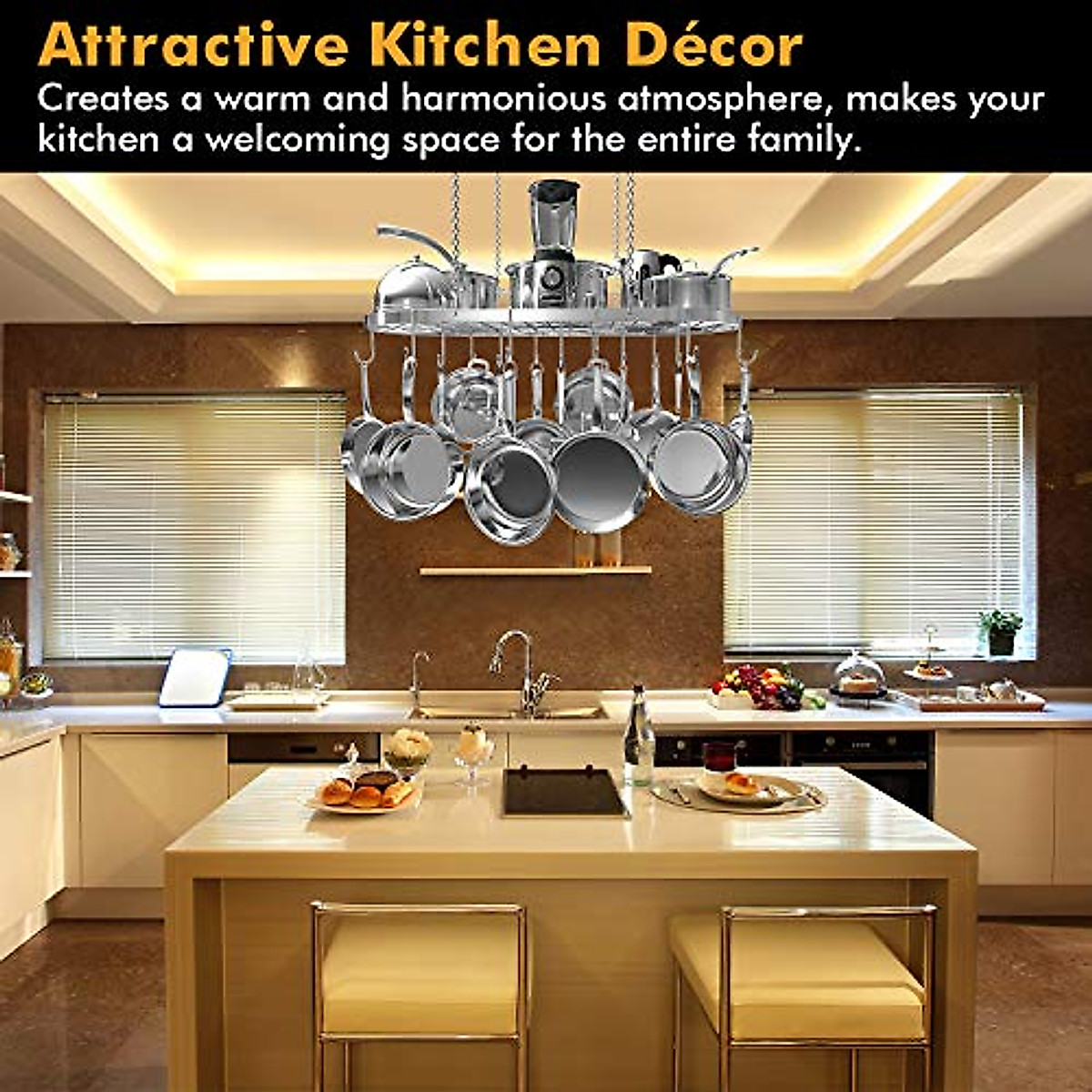 Vdomus Hanging Pot Rack Pot and Pan Ceiling Rack, Mounted Cookware Storage Pan Rack , Hanging Pot and Pan Suspended Organizer with 15 Hooks (33 x 17 Inch) for Kitchen Organization Storage