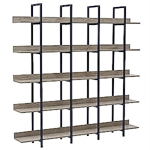 5 Tier Industrial Bookshelf, Triple Wide Wood Bookshelf with Metal Frame, Rustic Etagere Bookcase with Back Panel, Vintage Storage Rack with Open Shelves for Living Room, Bedroom, Study, Black&Gray