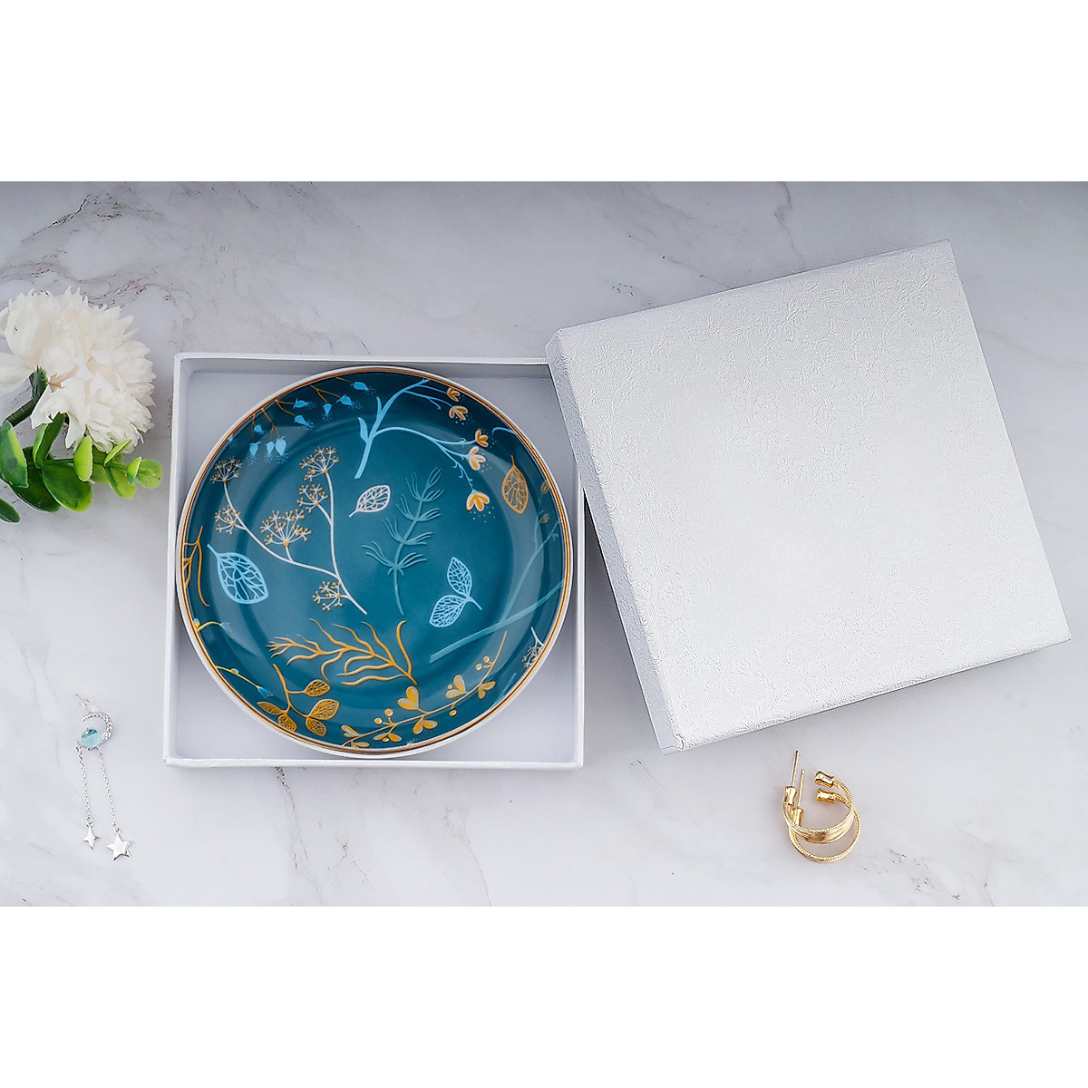 Goporcelain Jewelry Ring Dish Tray Boho Ceramic Decorative Trinket Dish Organizer for Rings Earrings Necklaces Bracelet Watch Keys Plate Small Round Ring Holder Gift for Women Engagement