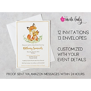 Fox Baby Shower Invitations Woodland Invites Rustic Orange Gender Neutral Boys Girls It's A Boy It's A Girl Foxes Sprinkle Watercolor Green White Forest Friends (12 count)