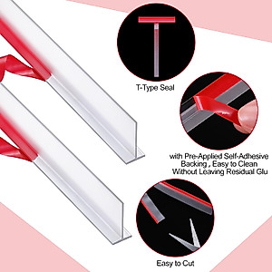 Newtay 2 PC Clear Vinyl T-Type Seal Strip with Pre-Applied Self Adhesive Backing Bathroom Threshold Water Strip Dam Shower Guard Shower Door Seal Strip for 1/2" Gap - 73" Long Frameless Shower Door