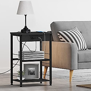 NORCEESAN Nightstand with Charging Station End Table with USB Ports and Power Outlets Side Tables Bedroom with Storage Shelves Industrial End Table 3 Tier (Black)