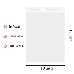 Morepack Large Self Sealing Cellophane Bags Self Adhesive,10x13 Inches Clear Resealable Cellophane Plastic Bags for Packaging Clothes, T-Shirts, Pants,200Pieces