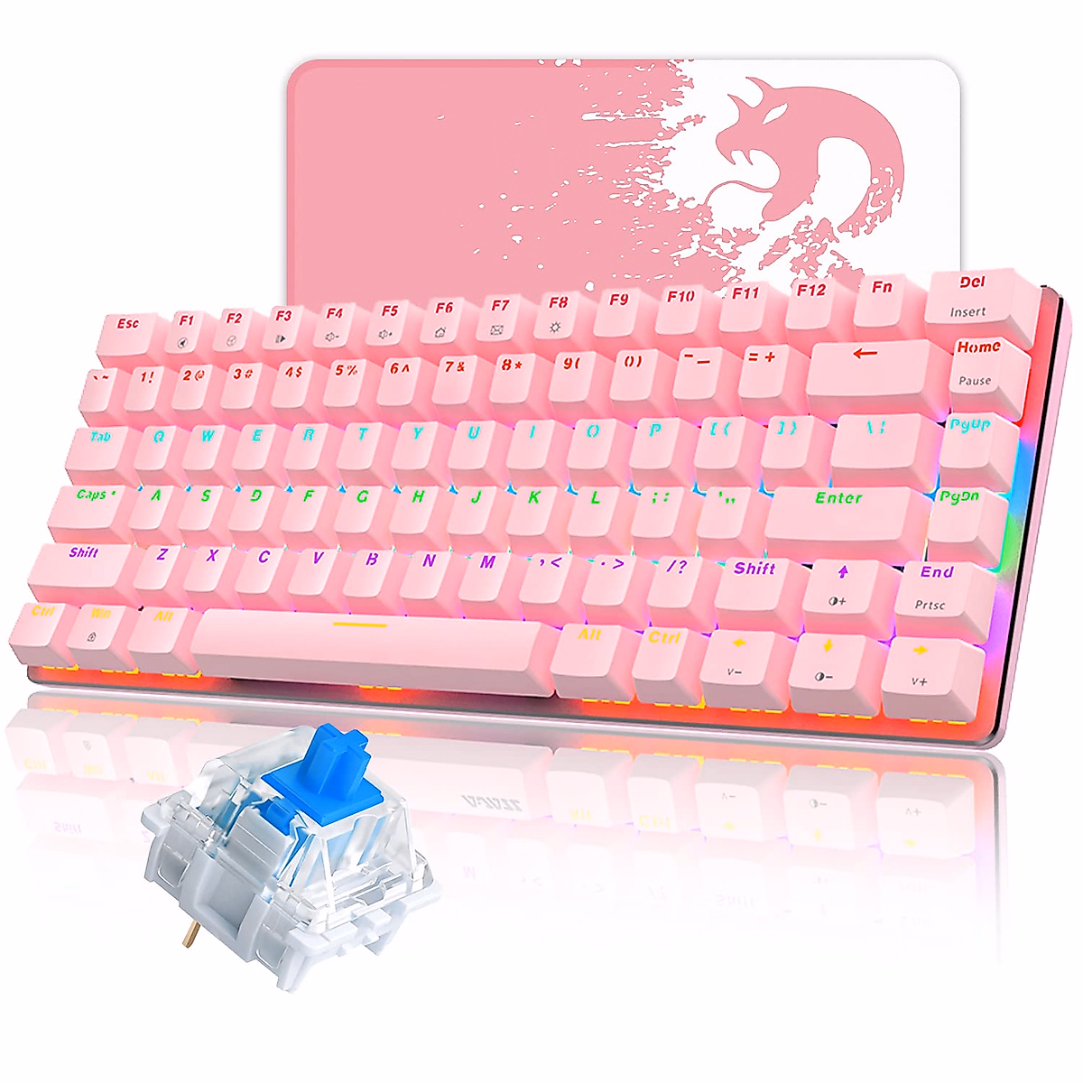 FELICON Wired Mechanical Gaming Keyboard, 82 Keys Compact Rainbow Blacklight Keyboard with Blue Switch, Small and Portable Compatible with Windows PC Laptop Mac Game Office