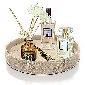 BRANDLOUIE 11- Inch Round Decorative Faux Leather Shagreen Tray Ivory for Coffee Table, Kitchen, or Ottoman Decor, Serving Tray, Round Bathroom Vanity Tray, Dresser top, Home or Office Modern Tray