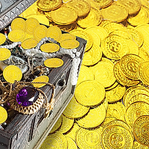 100 Count Plastic Gold Coins Set, Pirate Treasure Gold Play Coins for Kids Party Theme Props Decorations, Lucky Draw Games Treasure Hunt