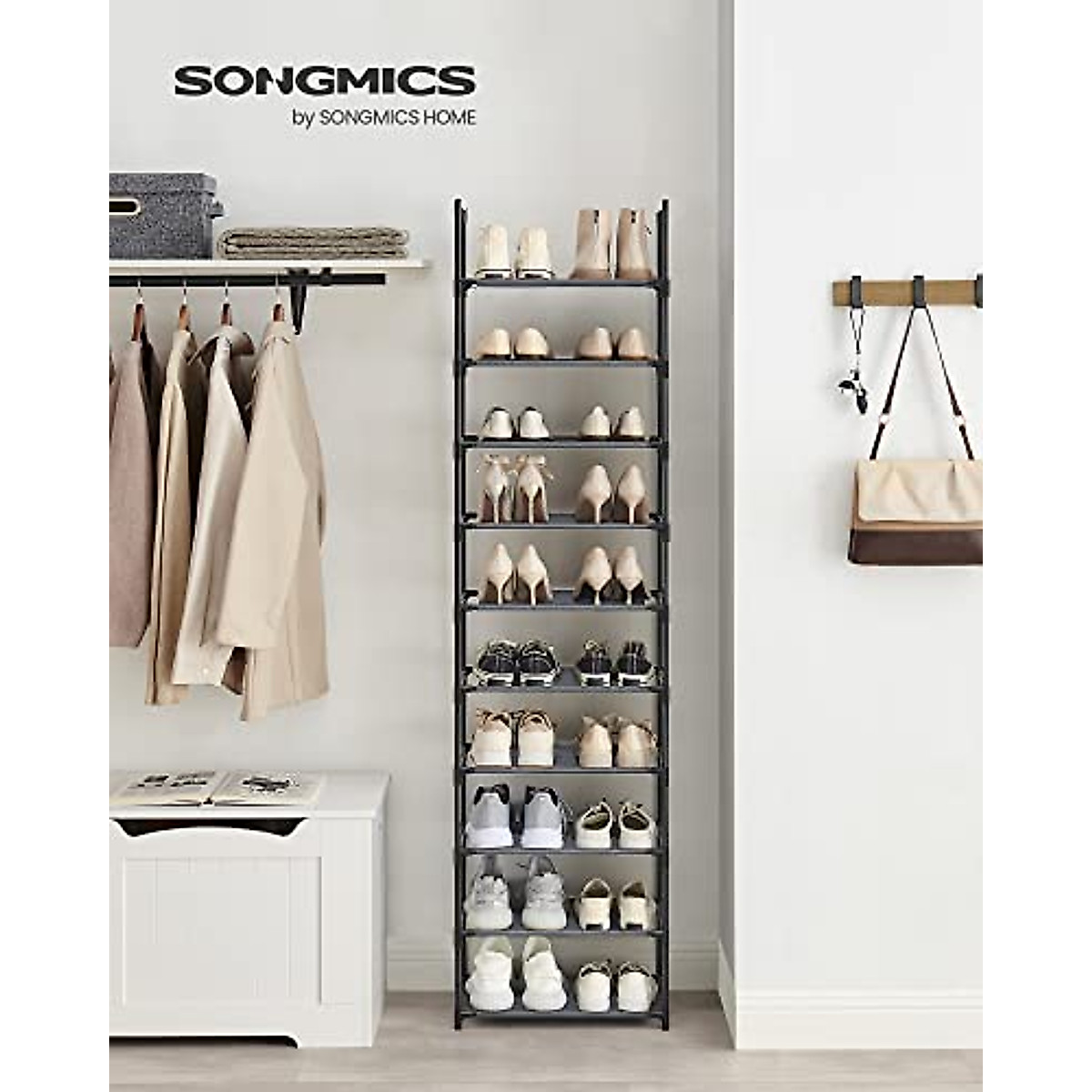 SONGMICS Shoe Rack, 10 Tier Shoe Shelf, Shoe Storage Organizer, Space-Saving, 11 x 17.7 x 68.1 Inches, Metal Frame, Non-Woven Fabric Shelves, for Entryway, Bedroom, Grey ULSH010G01