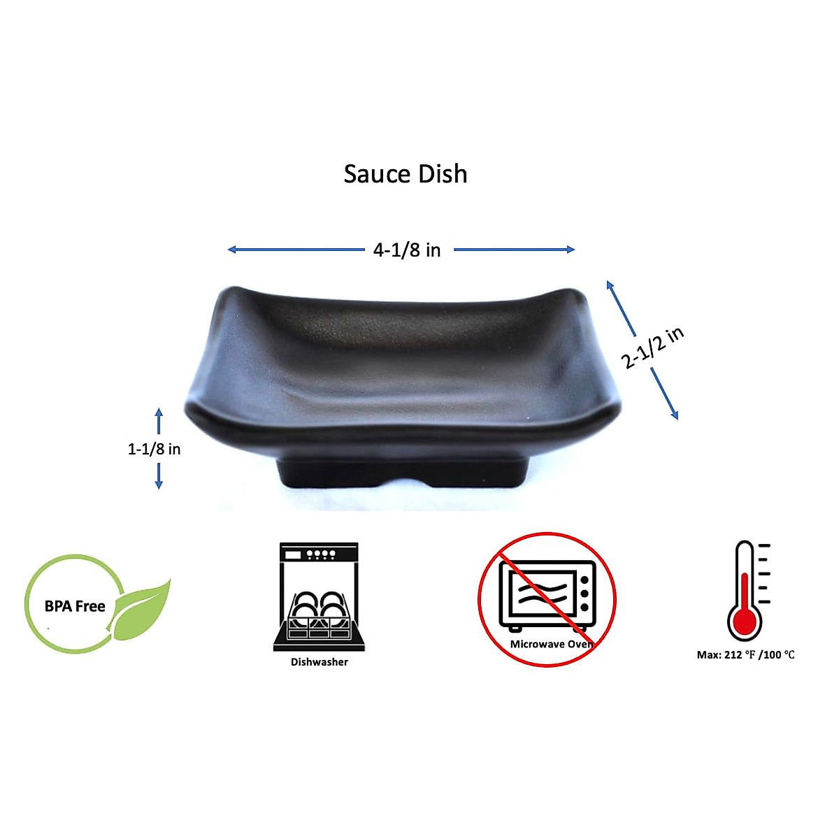 Lucky Star Melamine Soy Sauce Dishes Wasabi Sushi Sashimi Rectangular Plastic Dipping Plates, 4-1/8" X 2-1/2" X 1-1/8” H, Capacity: 1.8 oz, Black, Black (96)