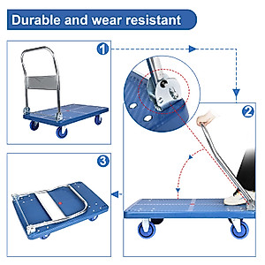Heavy Duty Platform Hand Truck for Moving, Folding Flatbed Dolly with 360 Degree Swivel Wheels Foldable Push Hand Cart for Loading and Storage (L)