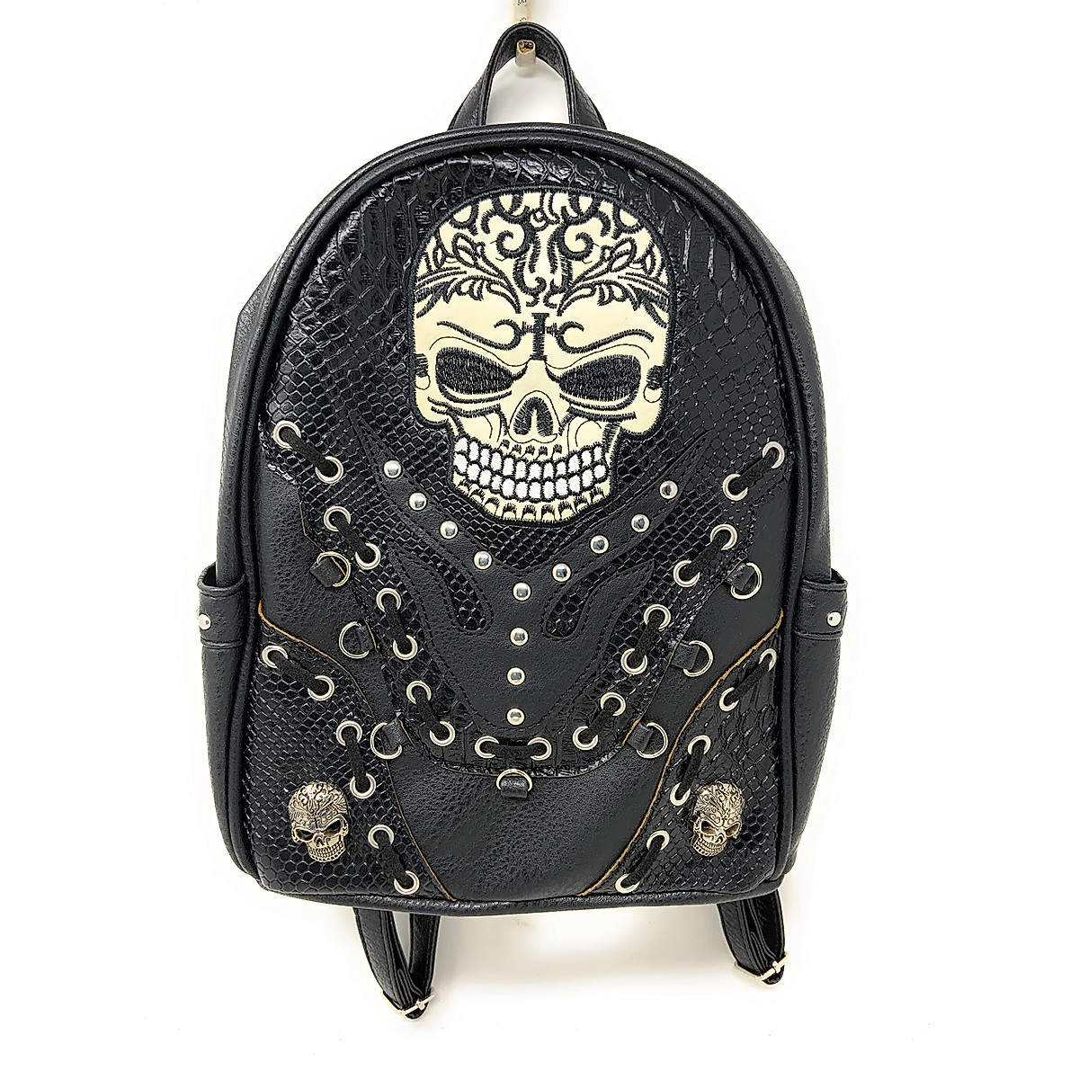Texas West Large Sugar Skull Day of the Dead Daypack Concealed Carry Backpack Women Travel Biker Purse Wallet Set (Beige)
