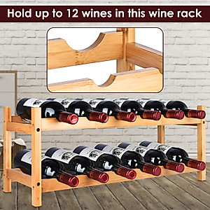 RIIPOO Wine Rack, Countertop Wine Rack, Wine Storage Shelf, 12 Bottles Bamboo Wine Holder, 2 Tier