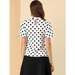 Allegra K Women's Polka Dots Blouse Stand Collar Pleat Keyhole Back Short Flare Sleeve Tops Medium White Black