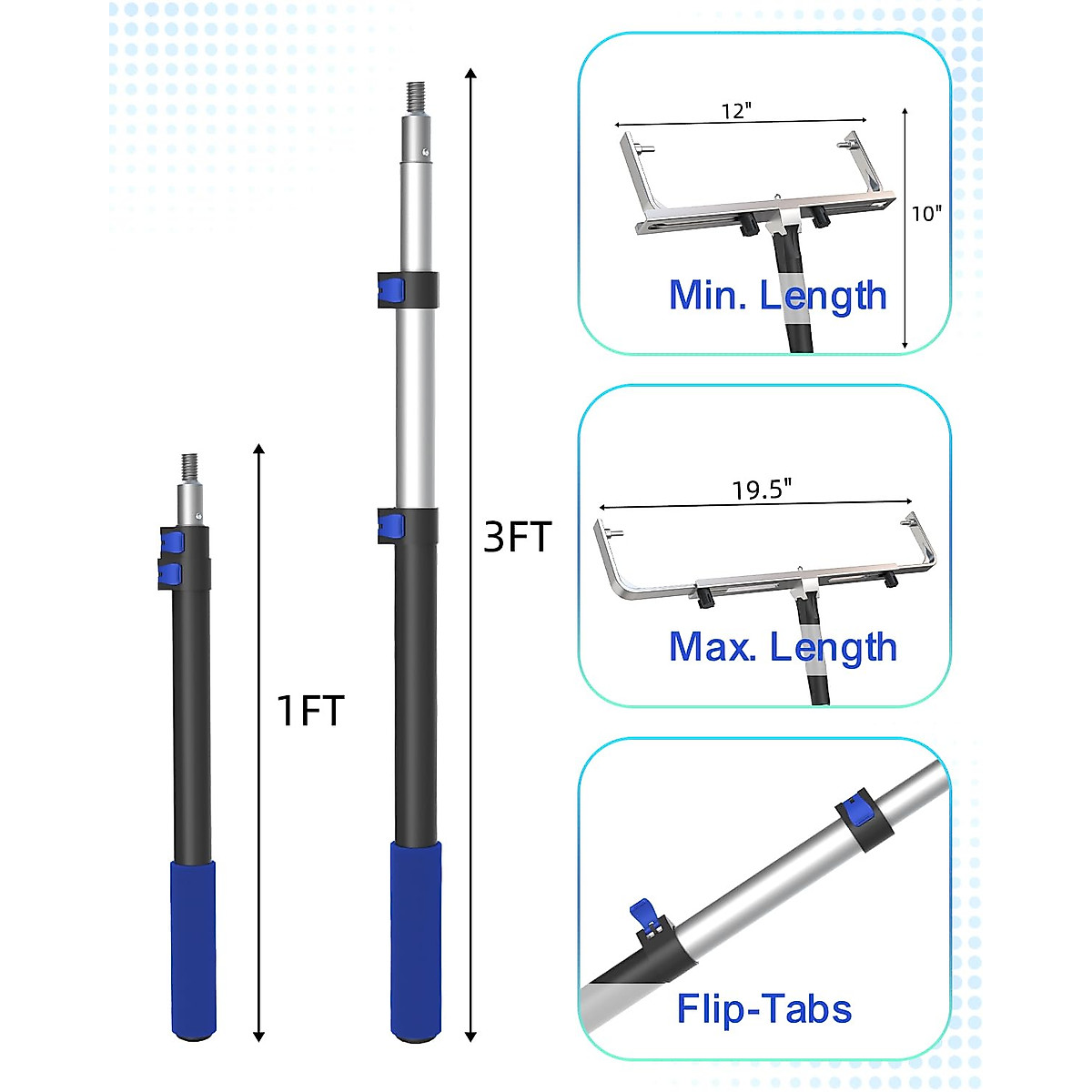 SKGPOLE 3FT Telescopic Paint Roller Pole, Multi-Function Paint Roller Kit with Lightweight Sturdy Aluminum 1-3FT Telescopic Extension Pole, House Paint Roller Brush for Walls, Ceiling, Decks, Doors