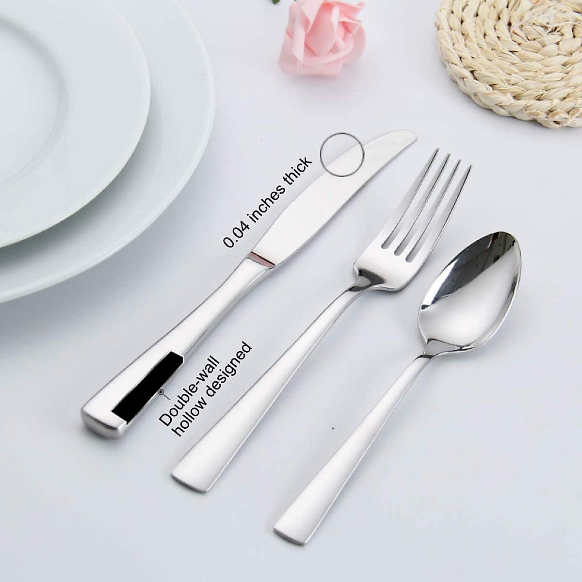 HISSF Silverware Set, Flatware Set for 4, 24PCS Stainless Steel Cutlery Set Include Upgraded Knives Spoons and Forks Set, Mirror Polished