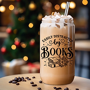Coolife Book Lovers Themed 16 oz Coffee Glass Cups w/Lids & Straws, Bookish Gifts for Women, Book Club Bookworm Gifts for Book Lovers, Readers Librarian - Christmas, Birthday Book Lover Gifts Ideas