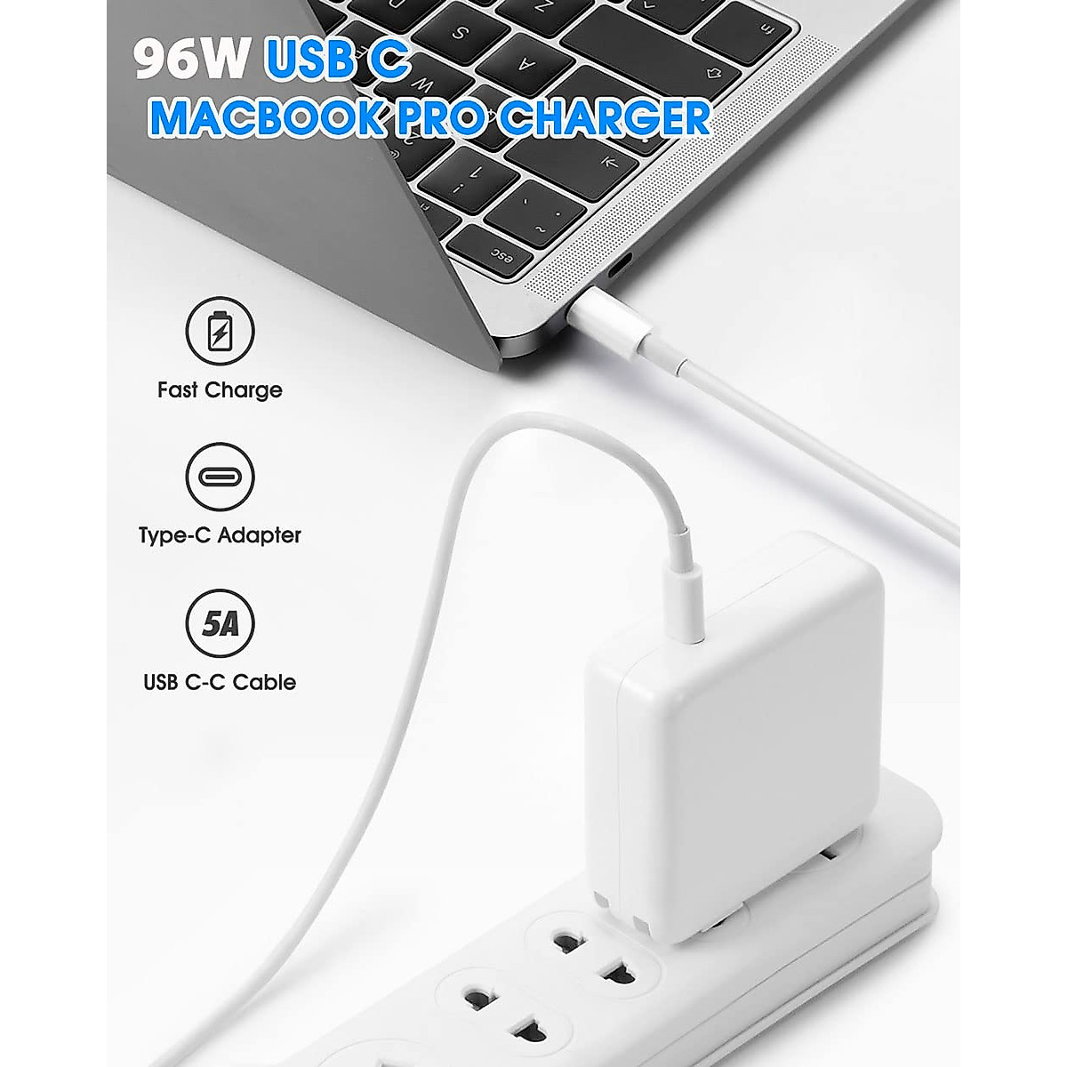 Mac Book Pro Charger, 96W USB C Fast Charger Power Adapter Compatible with New MacBook Air 13 Inch & MacBook Pro 16" 2021 2020 2019 2018, with 6.6ft USB C Cable