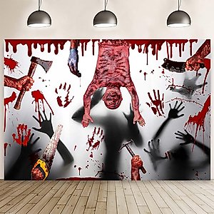MEHOFOND 7x5ft Halloween Bloody Backdrop Halloween Horrible Party Photography Background Bloody Hand Bloody Body Axes Hammers Saws Knives for Halloween Scary Party Decorations Photo Booth Props
