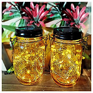 Outdoor Solar Lanterns,Hanging Lights Outdoor,Garden Decorations Patio Decorations Solar Powered Waterproof 30 LED Glass Jar Lights for Party, Courtyard, Patio,Tabletop Decorations （2Pack)