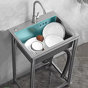 DOUKI Outdoor Stainless Steel Sink, Free Standing Small Sink, Kitchen Sink Single Bowl Prep & Utility Sink, Portable Garden Sink W/Hot and Cold Faucet (Size : 18 x16 inch (45x40 cm))