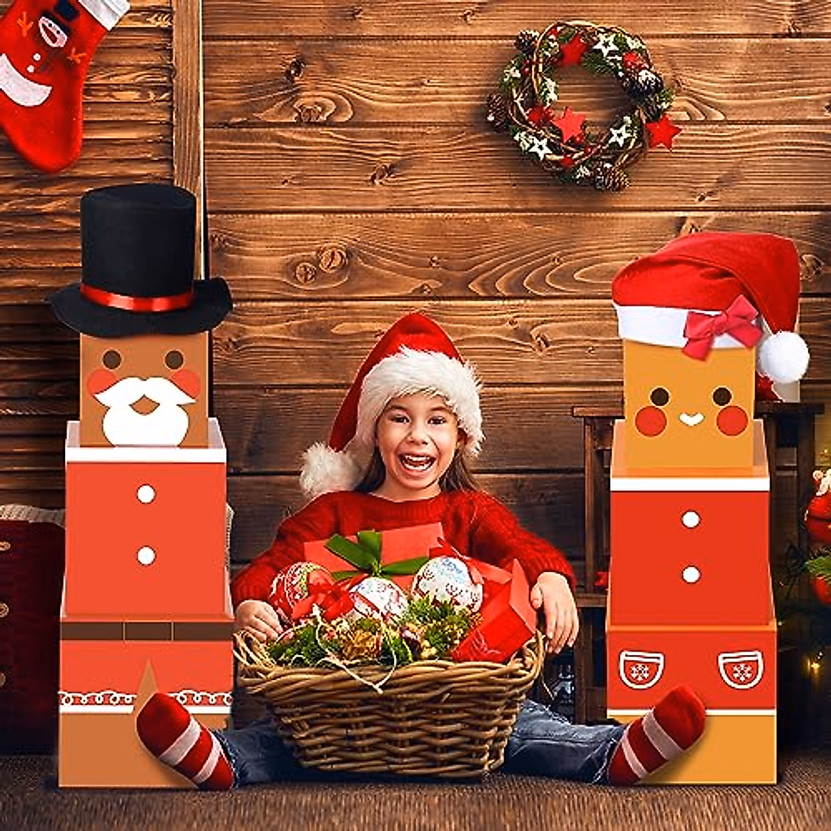 Funtery 16 Pcs Christmas Gingerbread Man Gift Box Xmas Stacking Boxes with Hats Christmas Nesting Boxes with Red Bow, Christmas Hat, Top Hat Decorative for Gift Present Wrapping Party Favors