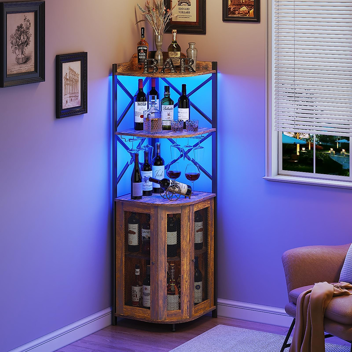 JKsmart Corner Bar Cabinet with LED Lights, 5-Tier Industrial Wine Bar Cabinet with Glass Holder, Farmhouse Liquor Cabinet with Shelf and Door, Home Bar for Coffee Bar Cabinet, Rustic Brown