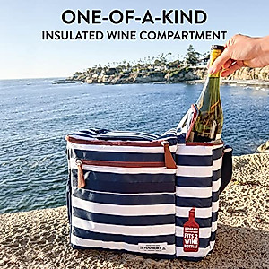 Foundry by Fit + Fresh, Brooks Dual-Compartment Insulated Cooler Bag with Wine Cooler Compartment, Food & Beverage Beach Bag, Picnic Basket, Perfect for Tailgating & Camping Accessories, Navy Stripe