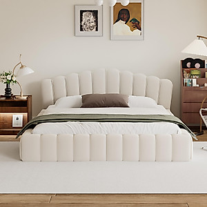 jurmiture Velvet Upholstered Queen Bed Frame, Floor Bed Shell-Shaped Headboard for Bedroom, No Box Spring Needed, Beige