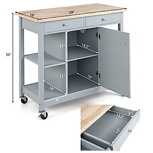 Giantex Mobile Kitchen Island Cart, Rolling Kitchen Island w/Rubber Wood Top, 4 Open Shelves, 2 Deep Drawers, 1 Enclosed Cabinet, Serving Utility Trolley on Wheels for Kitchen, Dining Room (Gray)
