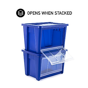 Rubbermaid Medium All-Access Tote with Lids, Pack of 2, Stackable Storage Bins with Clear Drop-Down Door and Carry Handles, Closet Organization Containers, Blazer Blue With Clear Door
