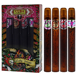 Cuba Original by Parfums Des Champs Jungle Collection 4-Piece Perfume Variety Gift Set - Includes Cuba Snake, Cuba Tiger, Cuba Zebra, and Cuba Heartbreaker - 1.17 Oz Perfume (EDP) Each