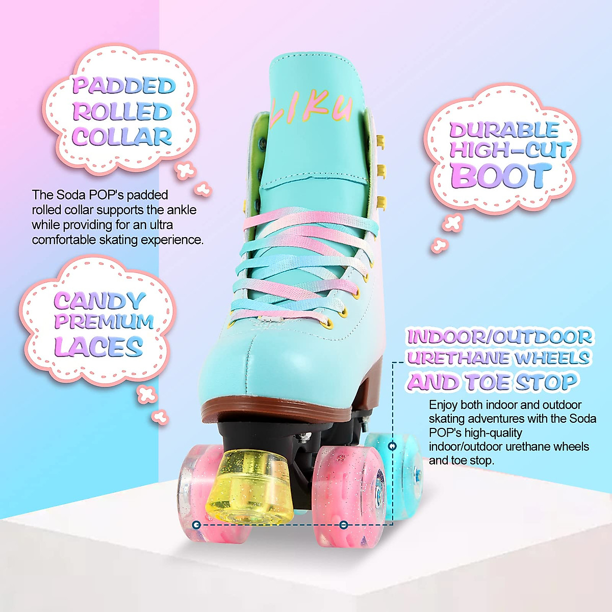 LIKU Quad Roller Skates for Girl and Women with All Wheel Light Up,Indoor/Outdoor Lace-Up Fun Illuminating Roller Skate for Kid (Pink&Blue, 7-8)