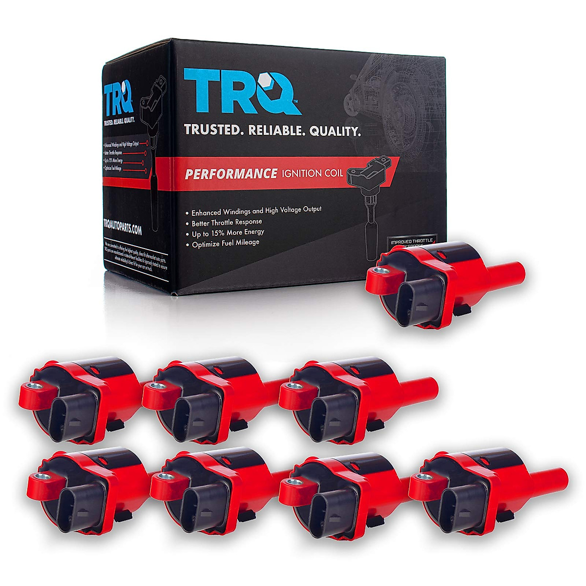 TRQ 8 Piece Premium High Performance Ignition Coil Round Style Kit Set for 2016-2018 Camaro / 2014-2018 Corvette / 2014-2018 Sierra 1500/2014-2018 Silverado 1500/2015-2018 Suburban