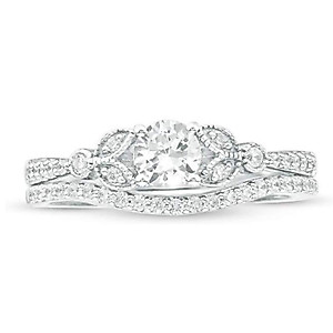 Round Cut 1/6 CT Simulated Diamond Leaf-Sides Vintage-Style Bridal Engagement Wedding Ring Set For Womens In 925 Sterling Silver