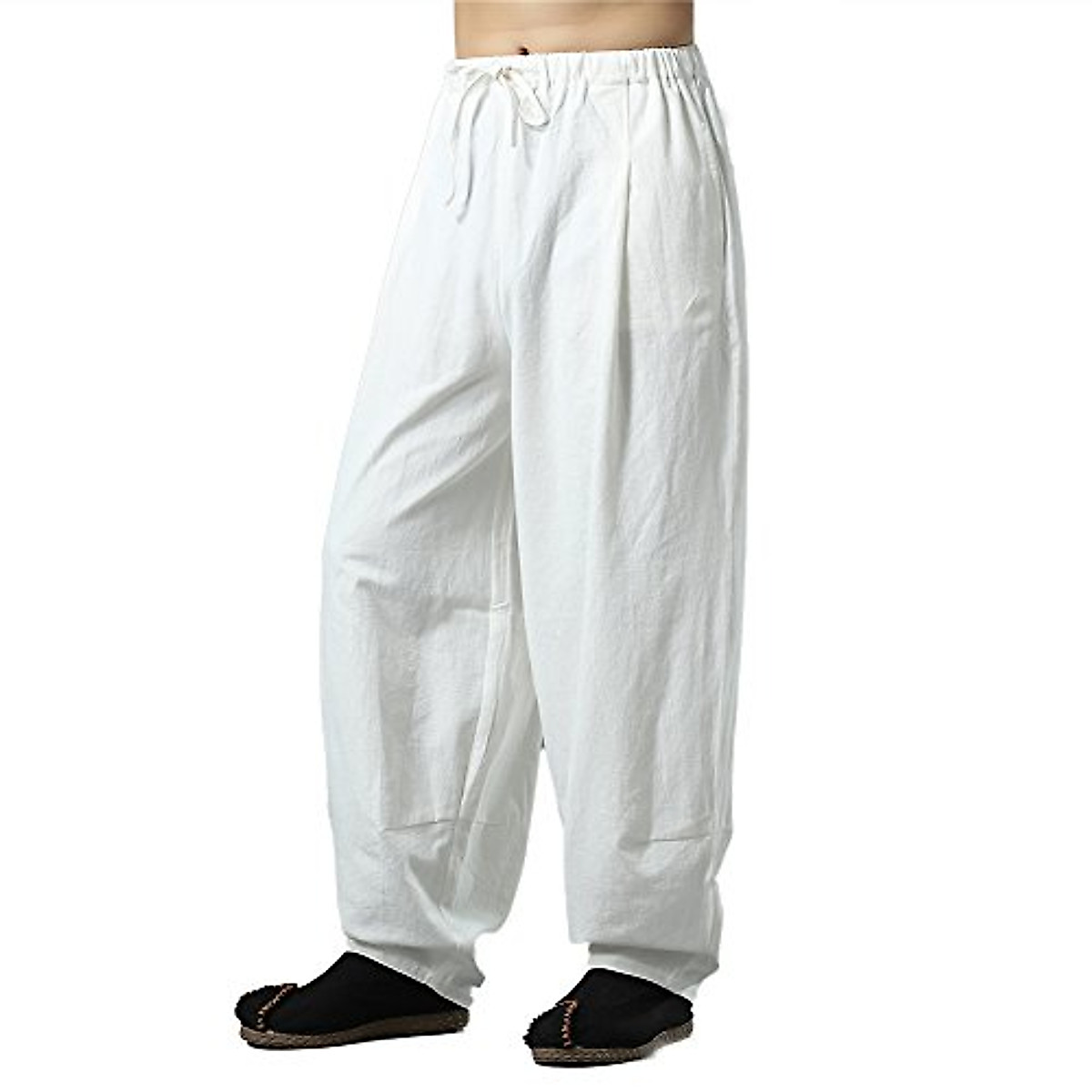 LZJN Men's Linen Drawstring Pant with Elastic Waistband (White, XL)
