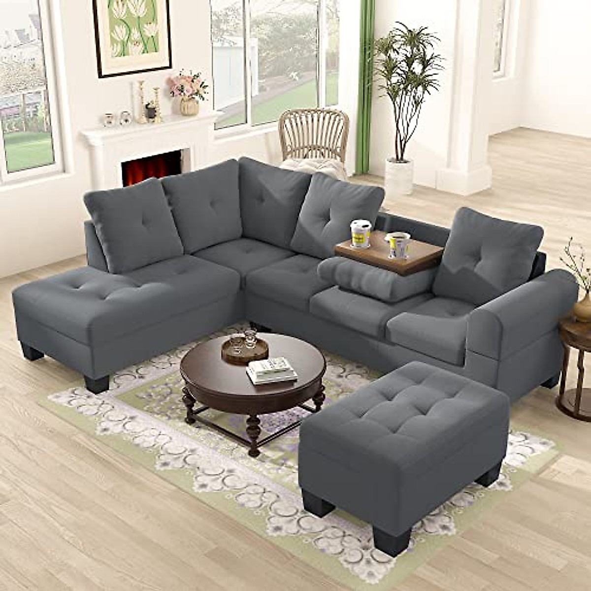 AWQM Upholstered Sectional Sofa for Home, Apartment, Dorm, Bonus Room, Compact Spaces w/Chaise Lounge, 5-Seat, L-Shape Design, Reversible Ottoman Bench, Living Room Funiture