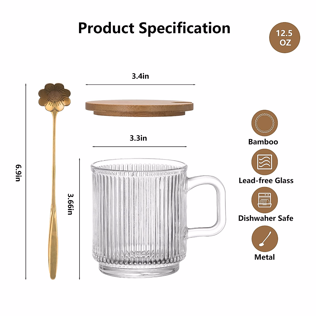 HUAHANGNA Vintage Coffee Glass Mugs for Beverage - Ribbed Short Latte Cups Set of 4, Clear Tea Cup with Bamboo Lid and Spoon, Dessert, Pudding, Ice Cream, Yogurt, Cappuccino, Espresso cup