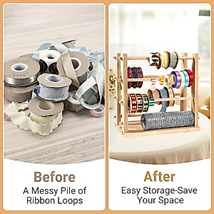 NewEle Two-row Ribbon Holder Organizer Rack - Wooden Ribbon Spool Holder for Mesh Ribbon Wreath Thread Tulle Roll Washi Tape, Ribbon Organizer for Craft Room, Florist Supplies, Wrapping Craft