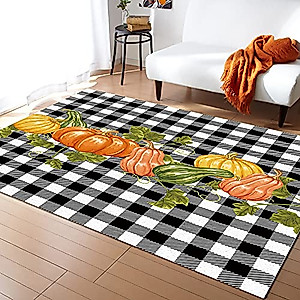Indoor Area Rugs Thanksgiving Pumpkin Fall Harvest Non-Slip Floor Mats Black White Check Rectangular Carpet Soft Washable Rugs for Living Room/Bedroom/Hallway Home Decor - 2.7x5 Feet