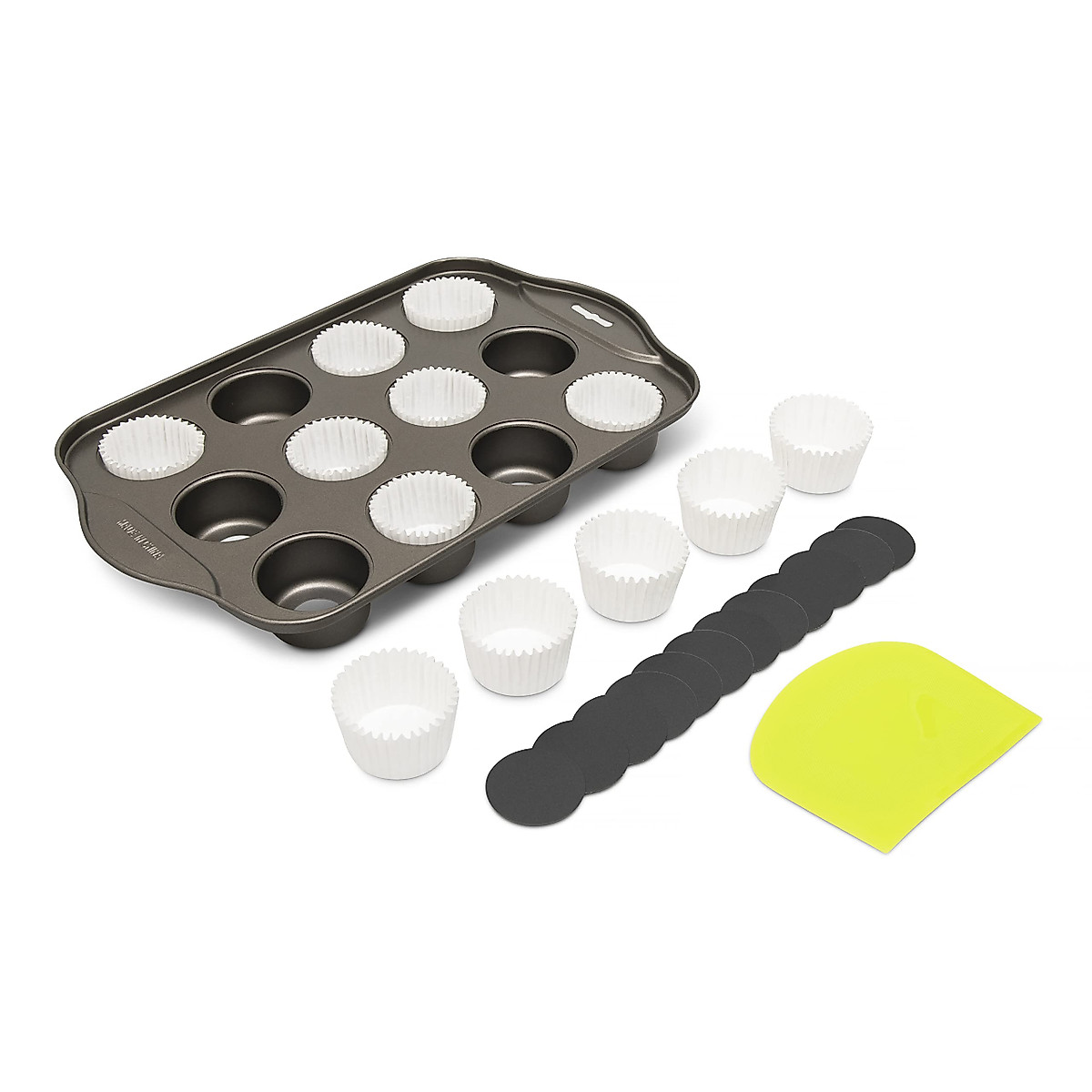 MAGENTA SPIRIT Mini Cheesecake pan - 12 Cavity Mini Muffin Pan with Removable Bottoms - Complete with Cupcake Liners and Plastic Bowl Scraper