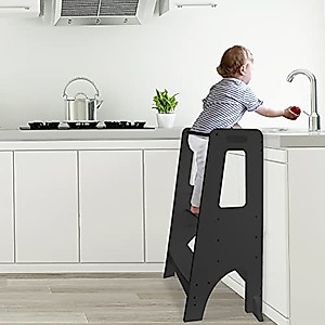 MOAMUN Wooden Step Stool for Kids, Adjustable Height Toddler Learning Helper Tower with Handle, Solid Wood Step Stool for Kitchen,Bathroom,Bedroom (Black)