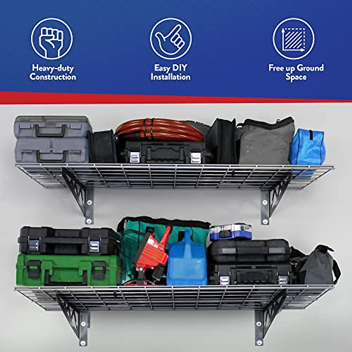 SafeRacks Wall Shelves - 2 Pk 18"x48" Wall Mountable Shelving Unit for Storage Rack, Pantry Shelves, Utility Shelving, Heavy Duty Shelves w/ 4 Versatile Accessory Hooks, 500lbs Capacity, Hammertone