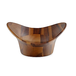 nambe Ripple Wooden Salad Bowl 3 Piece Set | 15.5 -Inch Large Salad Bowl with Serving Utensils | Acacia Wood and Nambe Alloy Salad Servers and Fruit Bowl | Housewarming Gift | Designed by Alvaro Uribe