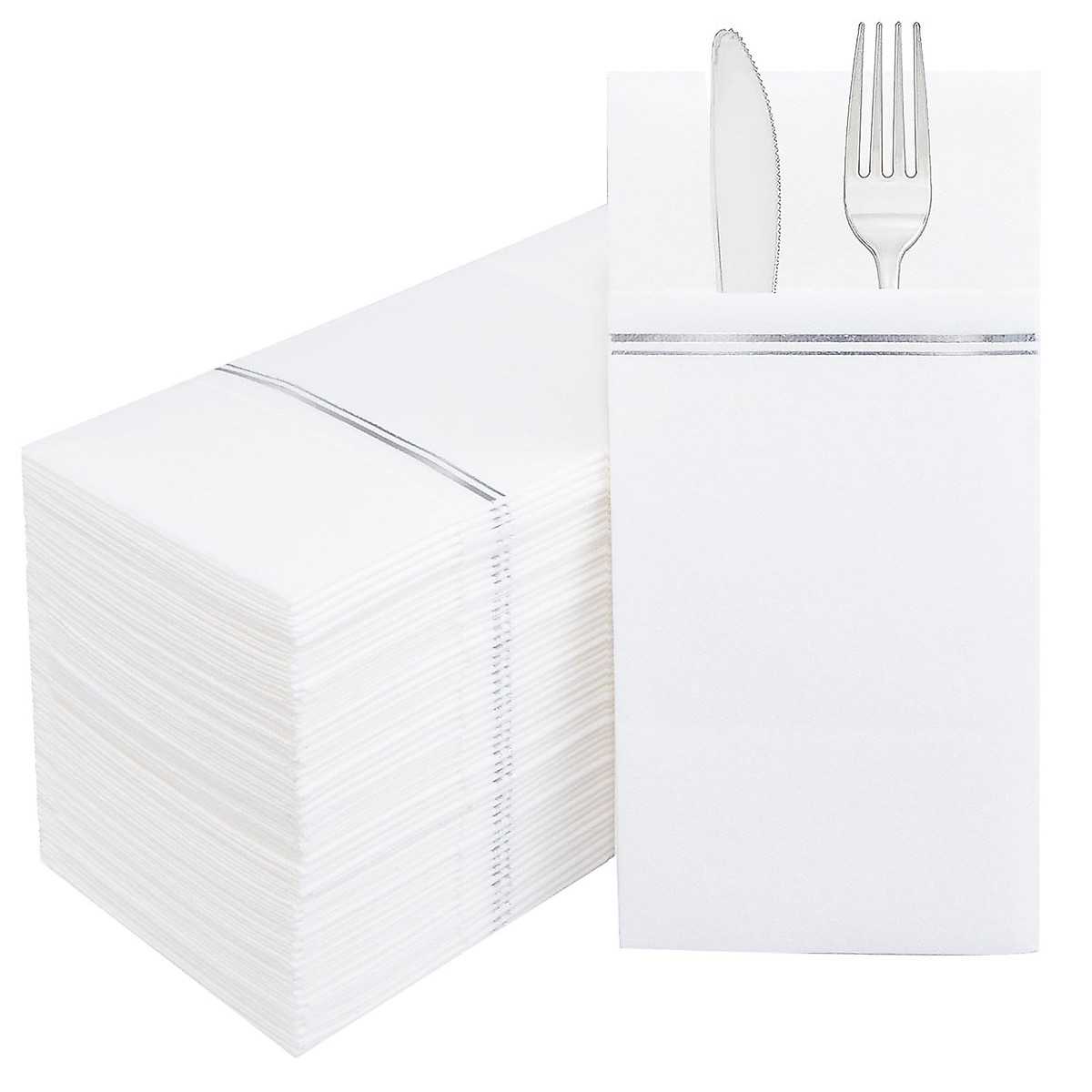 Nervure 100PCS Silver Paper Napkins with Built-in Flatware Pocket - White and Silver Prefolded Cloth Like Disposable Napkins - Heavy-duty Linen-Feel Dinner Napkins for Party & Wedding & Dinner