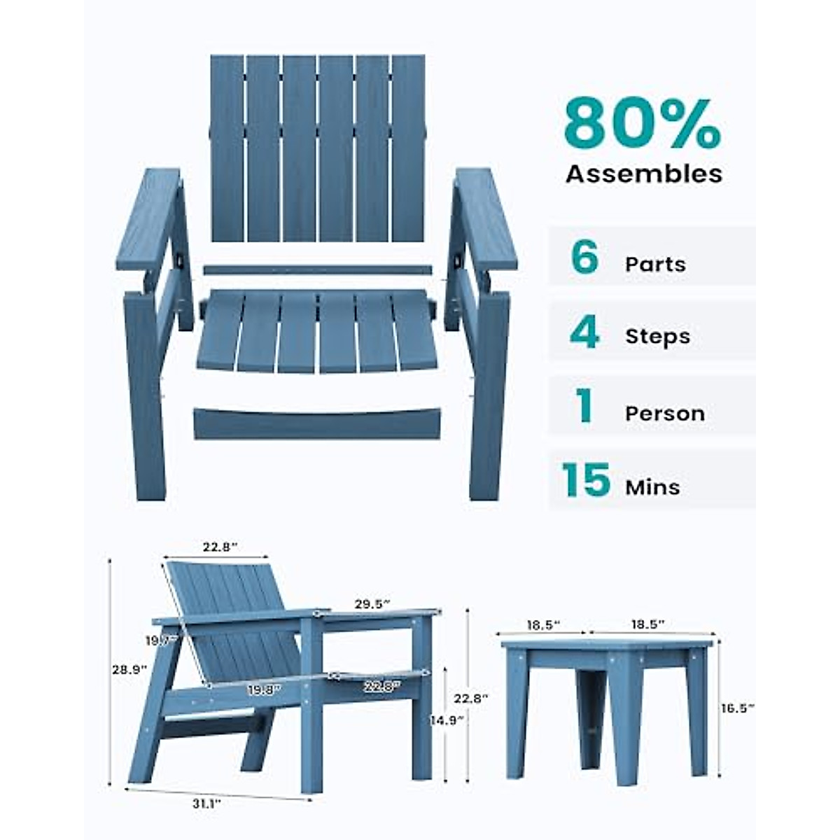 SERWALL Adirondack Chair Set with Side Table, HDPE Patio Bistro Set- Navy Blue