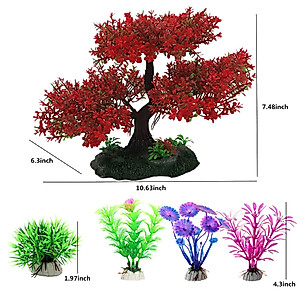 alfyng Aquarium Artificial Plastic Large Plants Decorations, 5pcs Cherry Blossom Tree & Grass Aquarium Decor, Goldfish Tank Decorations Set, Fish Tank Hides Simulation Tree Decoration Kit (Red)